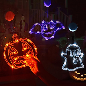 PISKEKAT Halloween Decorations, 3 Pack Orange Pumpkin, White Ghost, Purple Bat Halloween Window Lights with Suction Cup & Hooks, Battery Operated Indoor Lights for Halloween Window Decorations
