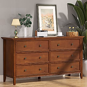 IKENO 6 Drawer Double Dresser, 55 inch Solid Wood Bedroom Dresser in Caramel