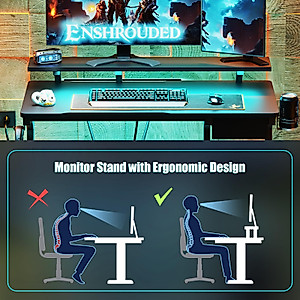 TREETALK Gaming Desk with Power Outlets & Music Strip Lights, Computer Desk with Large Monitor Stand&Drawer, Gamer Workstation with CPU Stand for Home Office