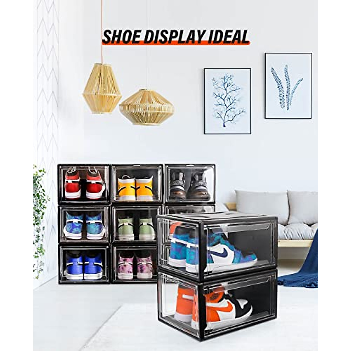 Clear Shoe Boxes Stackable, Display Shoe Storage with Lids, Sneaker Storage Shoe Box, Magnetic Door, Easy Assemble, Space Saving