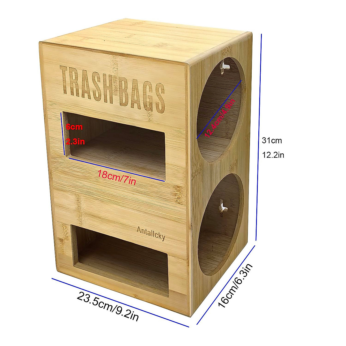 Antallcky Bamboo Trash Bag Dispenser Roll Holder 13 Gallon 2 Rooms,Garbage Bag Storage Dispenser Organizer Wall Mount or Under Sink for 2 Rolls of Plastic Bags(Up to About 160 Bags)