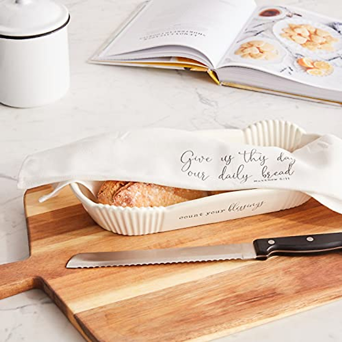 Mud Pie Blessings Bread Bowl and Towel Set, White, Small