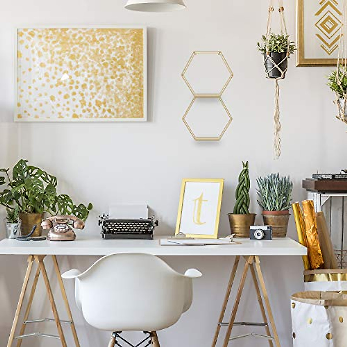 Gold Metal Wire Geometric Hexagon Floating Shelf | Two Brass Colored Vertical Honeycomb Shaped Hanging Wall Shelves | Mid Century Style Vanity Shelf | 16 x 9.25 x 3.75 Inches