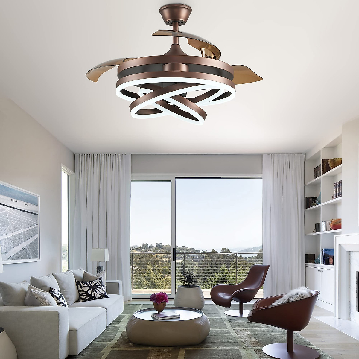 Cusp Barn 42" Retractable Fandelier Ceiling Fan with Lights Remote - Silent Dimmable Modern 6 Speed LED Chandelier Fan for Bedroom Living Room Kitchen