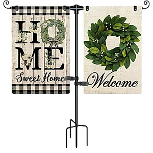 FFILY Garden Flag Stand Holder with 4 Prong Base for Double Flags - 3/4 Inch Extra Thick Heavy Duty Yard Flag Holder for Outside 12x18 Home Patio Decor