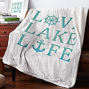 Sherpa Blanket Flannel Fleece Throws Summer Love Lake Life Rudder Anchor,Soft Warm Cozy Fuzzy Throw Blankets Turquoise Text on White,Shaggy TV Throw for Sofa Couch Bed Camping All Season 50x60In