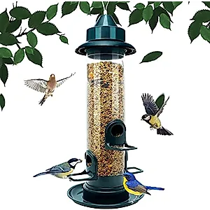 Wiewish Squirrel Proof Bird Feeder for Outdoor Hanging Metal, Plastic Tube Bird Seed Feeder with 4 Ports, Large Capacity, Easy to Fill Metal Birdfeeder for Cardinal, Finch, Blue Jay for Bird Lover
