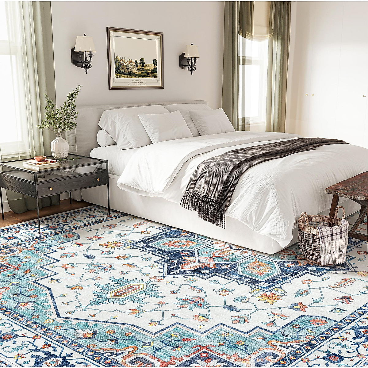 Art&Tuft Area Rugs 8x10, Machine Washable Rugs 8x10 - Stain Resistant Large Living Room Rug, Low Pile No Slip 8x10 Area Rugs for Bedroom, Living Room, Kitchen, Office, Blue