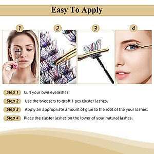 QUEWEL Cluster Lashes 72 Pcs Wide Stem Colored Eyelash Clusters Mixed Colors Lashes Clusters+ C/D Curl 8-16mm Length DIY Eyelash Extension False Eyelashes Natural&Mega Styles