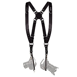 Camera Strap Accessories for Two-Cameras – Dual Shoulder Leather Harness – Multi Camera Gear for DSLR/SLR Black ProInStyle strap by Coiro