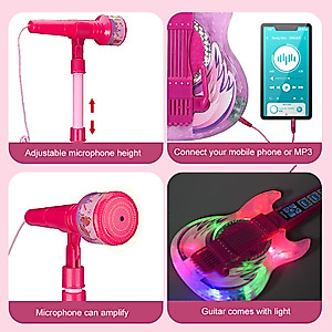 TAKIHON Guitar and Microphone Set for Kids,Guitar Toys with Music&Colorful Light,Adjustable Height Microphone with Stand,Karaoke Toys Gift for Boy,Girls,Toddlers(Red)-Upgraded