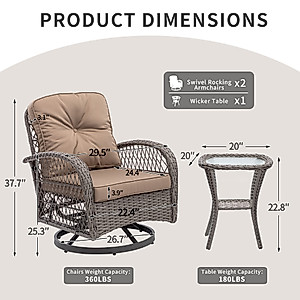 HOMEFUN Outdoor Swivel Rocker Patio Chairs, 3 Pieces Patio Bistro Set Wicker Furniture Set 360 Degree Swivel Chairs with Cushions and Coffee Table