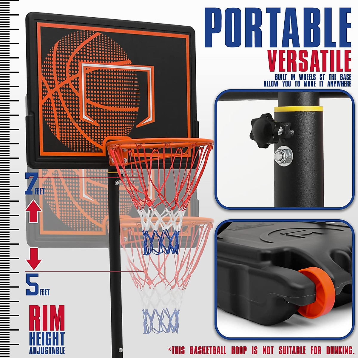 MoNiBloom Basketball Hoop Portable Height Adjustable Basketball Hoop Stand, 29" Backboard Basketball Goals Indoor Outdoor Garage, 5 to 7 Ft Adjustable Height Basketball Hoop for Youth Use, Black