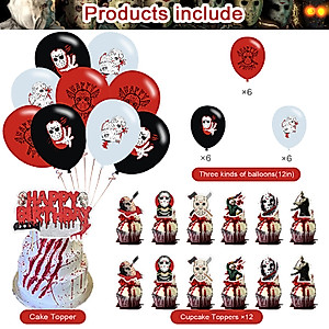 Friday The 13th Party Decorations,Birthday Party Supplies for Horror Movie Party Supplies Includes Banner - Cake Topper - 12 Cupcake Toppers - 18 Balloons