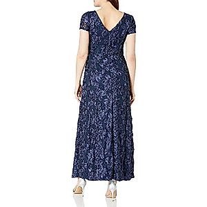 Alex Evenings Women's Long Rosette Lace Cap Sleeve Gown, Navy, 16