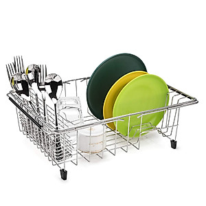 SANNO Expandable Sink Dish Drying Rack, Deep Large Dish Drying Rack with 4 Division Utensil Silverware Cutlery Holder, Dish Drainer Shelf Dish Rack in Sink On Counter, Rustproof Stainless Steel