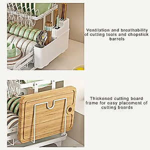 LEAQU Dish Drying Rack,2-Tier Metal Dish Drying Rack with Drain Board, Anti-Rust No Installation Dish Drainer with Utensil Holder,Kitchen Organizer for Dishes, Spoons and Forks White