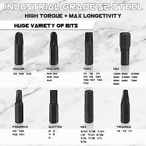 Low Profile Right Angle Ratcheting Screwdriver Set - Mini Ratchet Set Includes 50 Screwdriver Bits Included (Hex, Square, Pozidrive, Phillips, Torx Slotted, Triangle)