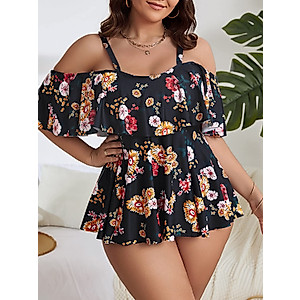 SOLY HUX Plus Size 2 Piece Tankini Floral Print Swimsuit Ruffle Trim Bikini Set Tummy Control Bottom Bathing Suit