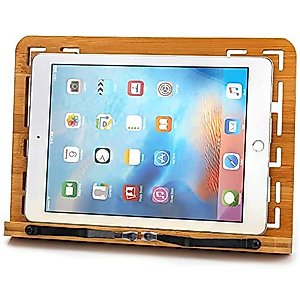 wishacc Bamboo Book Stand Reading Rest Holder Cookbook Cook Stand/Foldable Tablet PC Textbook/Music Document Stand/Desk Bookrest with Retro Hollow Elegant Pattern