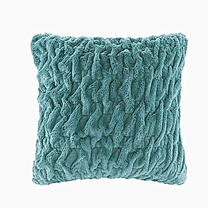 Comfort Spaces Ruched Faux Fur Plush 3 Piece Throw Blanket Set Ultra Soft Fluffy with 2 Square Pillow Covers, 50"x60", Teal