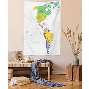 Ambesonne Map Tapestry, Map of South and North America with Countries Capitals and Major Cities Colorful Design, Wall Hanging for Bedroom Living Room Dorm Decor, 40" X 60", Green White