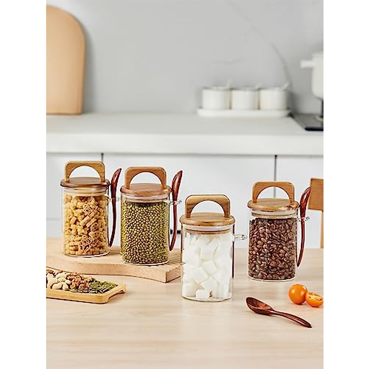 Sweejar Glass Jars with Bamboo Lids and Spoons, Overnight Oats Containers with Lids, Coffee Tea Sugar Yogurt Container Set, 17 ounces, Set of 4(Handle Lid)