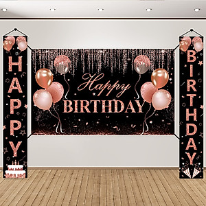 3pcs Rose Gold Birthday Banner Decorations for Women Girls, Happy Birthday Door Banner Backdrop Porch Sign Party Supplies for 16th 18th 30th 40th 50th