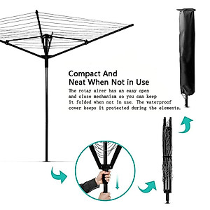 E-DONG Rotary Washing Line Cover, Waterproof Rotary Airer Cover Heavy Duty 210D Oxford Fabric Rotary Dryer Cover with Zip Rotary Clothes Line Cover, Anti-UV, Rip-Proof 168x30x30cm Black