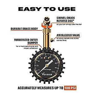 Vondior Tire Pressure Gauge (0-100 PSI) Heavy Duty, Certified ANSI Accurate with Large 2 Inch Easy to Read Glow Dial, Low - High Air Pressure Gauge. Tire Gauge for Car and Trucks Tires