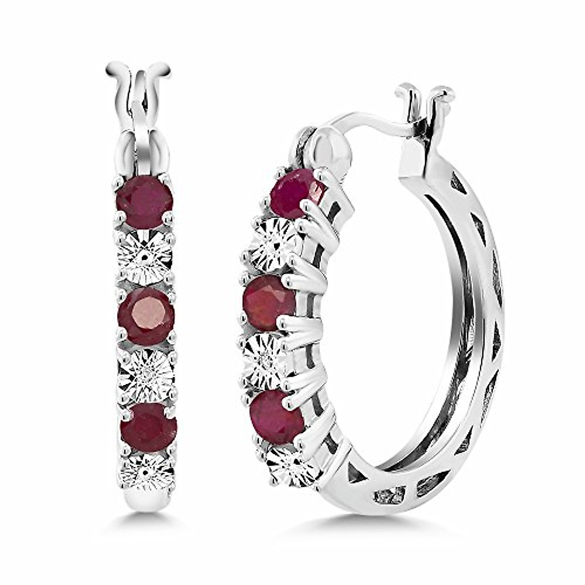 Gem Stone King 925 Sterling Silver Red Ruby and White Lab Grown Diamond Accent Women's Hoop Earrings (0.83 Cttw, 22MM = 0.85 inches Diameter)