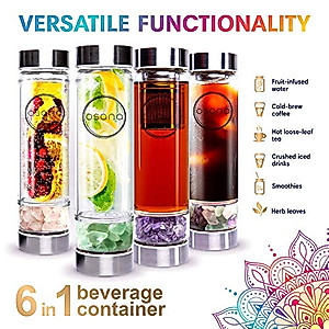 OSANA Crystal Water Bottle with 3 Changeable Healing Crystals – Amethyst, Rose Quartz, Green Fluorite – Loose Leaf Tea Bottle – Gem Elixir Infused Glass Water Bottle - 16.9 oz