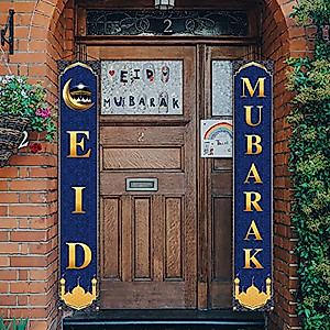 Eid Mubarak Decoration Porch Sign Ramadan Mubarak Banner Hanging Sign Islamic Eid Festival Celebration Welcome Wall Hanging Flag Muslim Ramadan Party Decor(Blue)