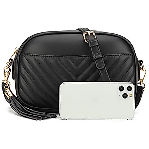 lola mae Quilted Crossbody Bag, PU Lightweight Shoulder Purse Top Zipper Tassel Accent Black Purse(Black-729)