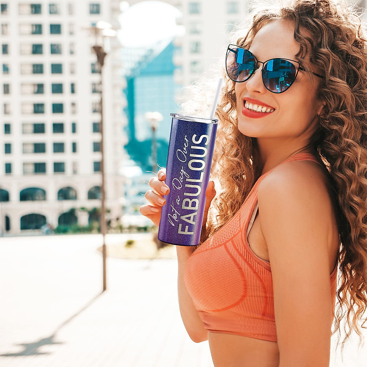 Cuptify Not A Day Over Fabulous Skinny Tumbler with Lid and Straw Laser Engraved on Galaxy Ombre 20 oz Insulated Stainless Steel Best Friend Birthday Gift For Women