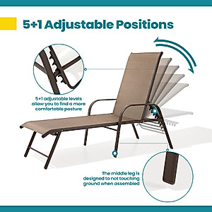 Pellebant Aluminum Pool Lounge Chairs Set of 2, Patio Chaise Lounge with Adjustable Backrest & Armrest, Heavy Duty Pool Lounge Chairs for Outside, Lawn, Yard, Patio, Pool(2pcs,Brown)