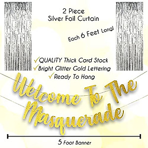 Masquerade Party Decorations Kit | "Welcome To The Masquerade!" Banner | 12 Masquerade Party Photo Booth Props | 2x Silver Foil Fringe | Gold Confetti Balloons | Silver & Black Balloons