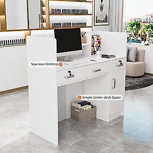 OmySalon Modern Reception Desk, Front Desk Counter with Lockable Drawers and Moveable Shelves, Receptionist Desk Retail Checkout, for Lobby Beauty Salon Office, White (47.2”W x 18.9”D x 43.7”H)