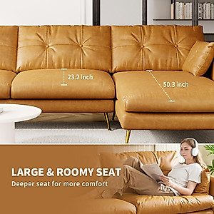 Gtilzria Faux Leather L Shaped Sectional Couch,3-Seater Sectional Leather Down Fill Sofa with Deep Seater Fluffy Cushion,Mid Century Modern Upholstered Couches for Living Room,Tan