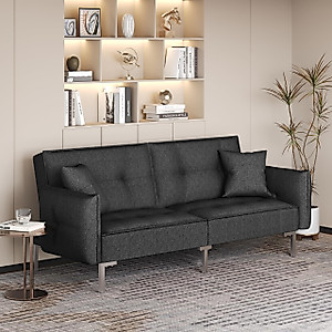 Yaheetech Futon Sofa Couch Convertible Sofa Sleeper Bed with Armrest Home Recliner Couch Home Living Room Furniture Linen Fabric Black