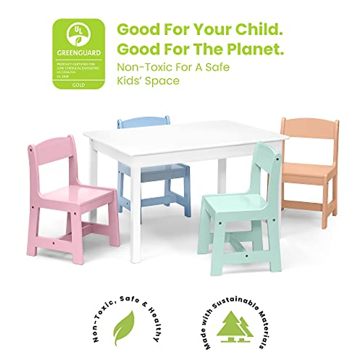 Delta Children MySize Kids Table with 4 Chairs, Bianca White/Pastel