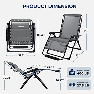 HOMSHADE Folding Zero Gravity Lounge Chair - 33In Outdoor Patio Reclining Chair with Cushion, Headrest, Cup Holder, Footrest, Weight Capacity 400LB, Grey