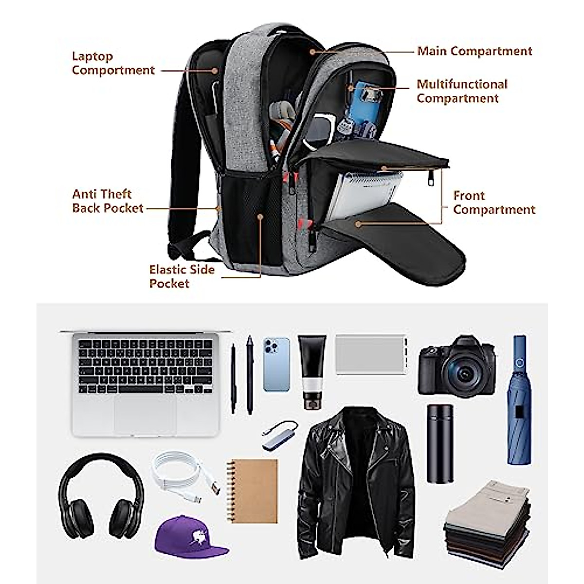 Backpack for Men Women, Travel School Backpacks for Teen Boys, Bookbag with USB Charging Port, Anti Theft College Students Backpack Fits 15.6 Inch Laptop, Casual Work Business Back Pack, Grey