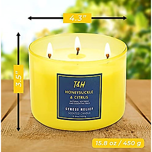 Large 3 Wick Scented Candle - Honeysuckle Citrus Stress Relief Aromatherapy Candle with Grapefruit, Mint & Rose - 15.8 oz Natural Soy Candles for Men and Women - Scented Spring Candles for Home
