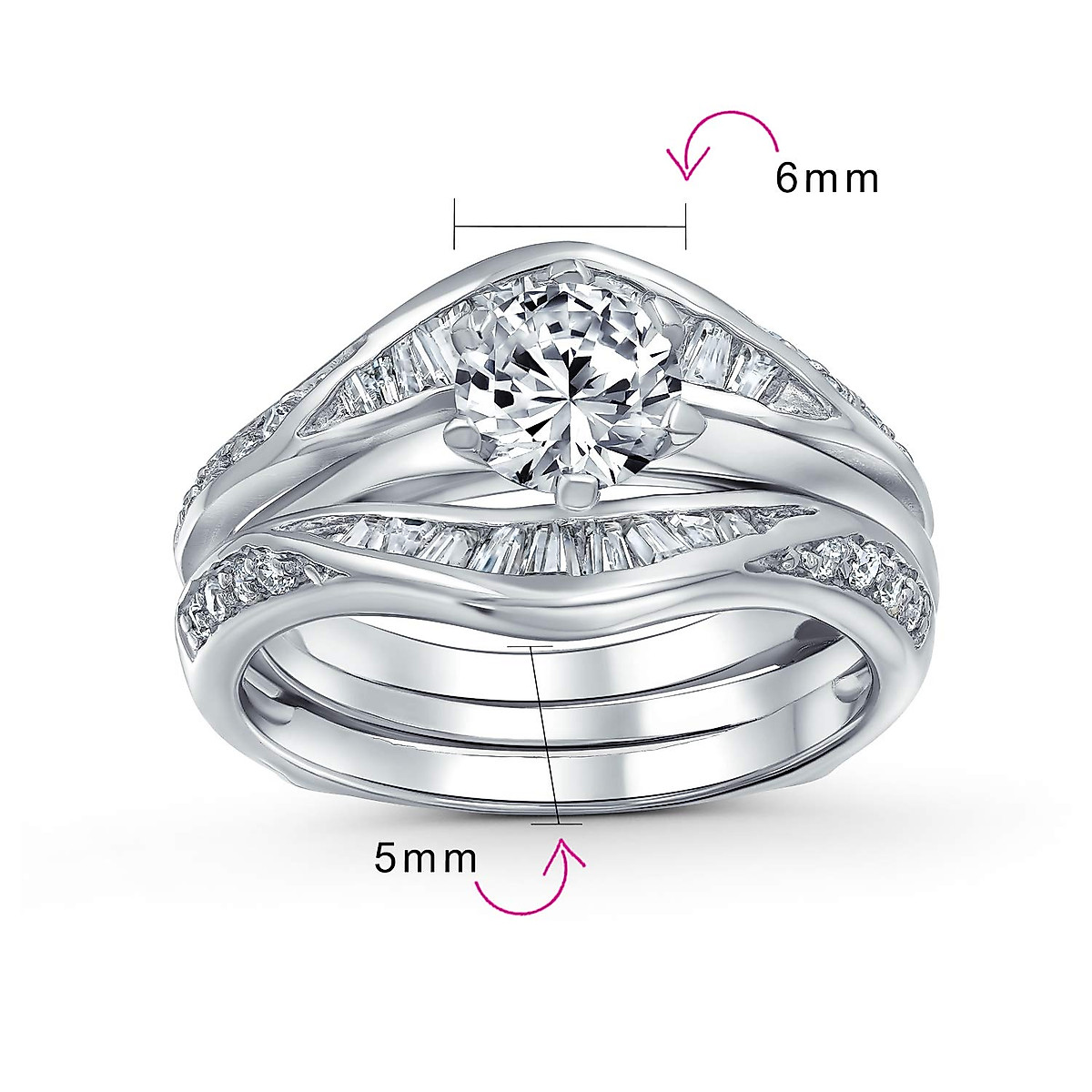 Bling Jewelry 1.5 CT Cubic Zirconia Enhancer Guard Inset Round Solitaire AAA CZ Baguette Band Inset Anniversary Statement Engagement Ring Wedding Set .925 Sterling Silver