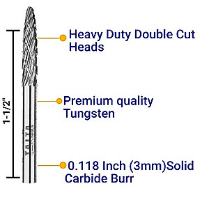 20PC Carbide Double/Single Cut Burr Set - 3mm Shank, Rotary Tool Cutting Bits - Accessories for Dremel, Fordom, Flex Shaft, Dewalt and Multitools - for Wood Carving, Metal Working and Engraving.
