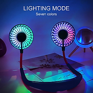 OumuEle Portable Neck Fan Rechargeable Personal Fan with 3 Level Air Flow, 360 Degree Free Rotation Wearable Neckband Fan with 7 Colorful LED for Travel Sports Home Office (Blue)