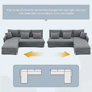 Merax 87" L-Shaped 4-seat Corduroy Sofa with Reversible Chaise, Convertible Sleeper Couch with Pillows, Modern Upholstered Sectional Indoor Furniture for Living Room,Apartment, Gray