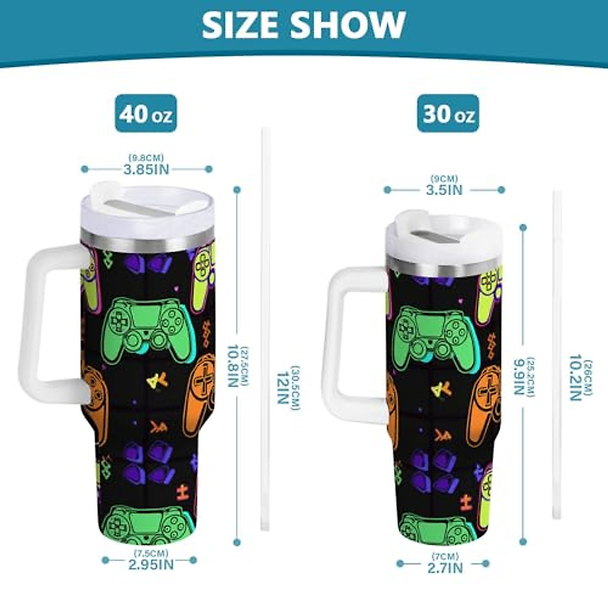 ODAWA 40oz Fall Insulated Tumbler with Straw and Handle, Game Controllers Black Spill Proof Tumbler with Straw Insulated Vacuum Tumbler