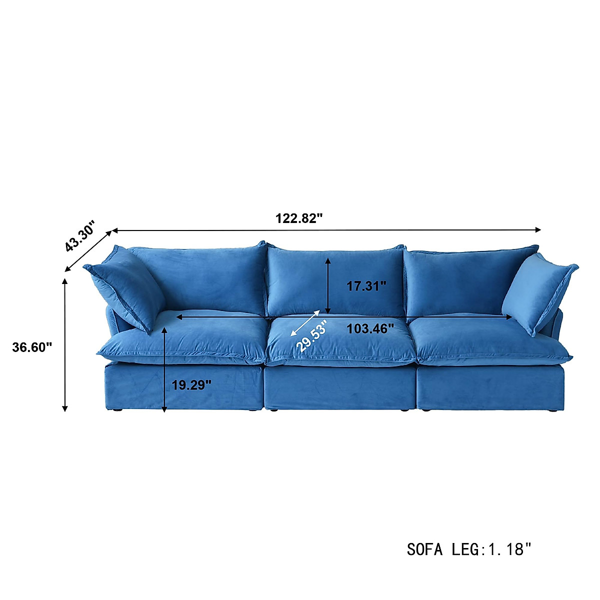 Sdorens Modular Sectional Sofa Couch, 122.82" Velvet 3 Seater Sofa, Minimalist Style Comfy Blue Sofa Couch for Living Room Apartment, Blue